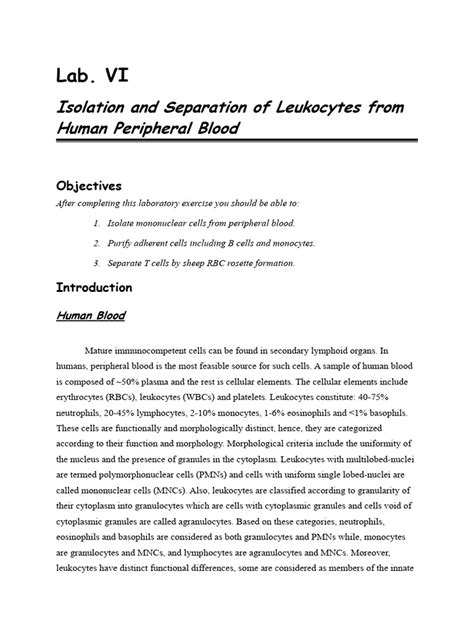 Lab 6 Isolation Of Pbmcs From Blood 1 Pdf White Blood Cell