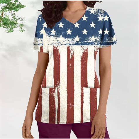 Egnmcr Nursing Scrub Tops For Women 4th Of July Patriotic Flag Print