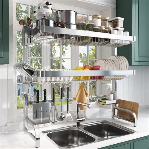 Boosiny 3 Tier Over Sink Dish Drying Rack Stainless Steel Shelf With Utensil Holder And 10 Hooks