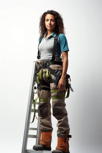 Premium Photo A Woman Wearing A Safety Harness And Standing On A Ladder