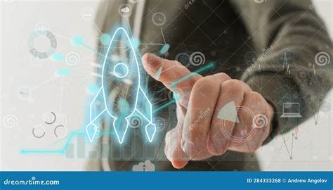 Man Touching A Startup Concept On A Touch Screen With His Finger Stock