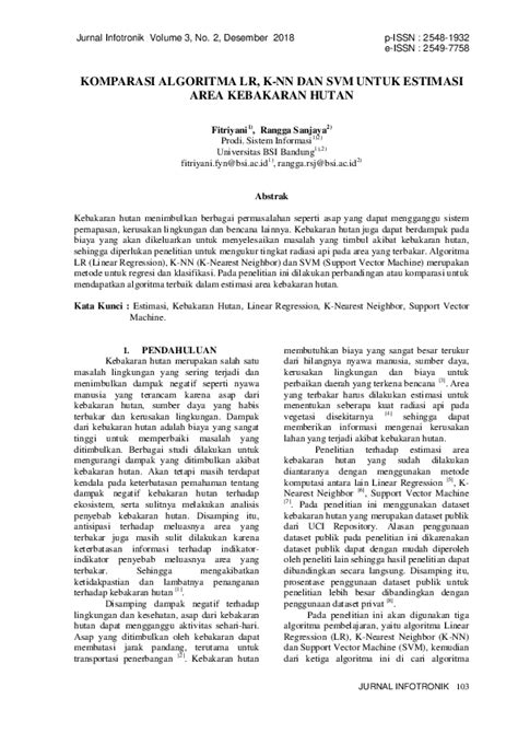 Pdf Komparasi Algoritma Lr K Nn Dan Svm Untuk Estimasi Area