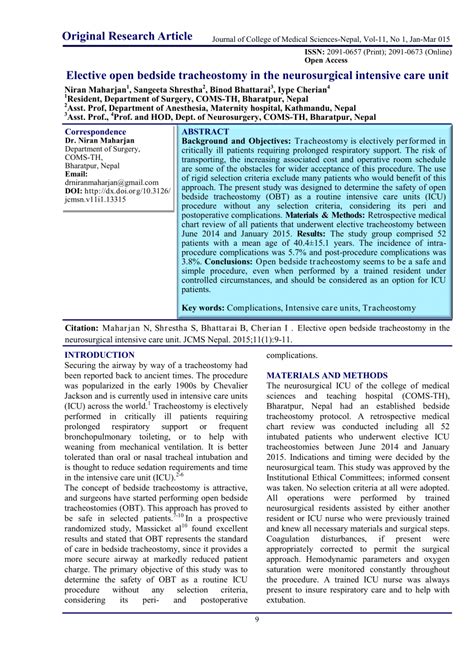 Pdf Elective Open Bedside Tracheostomy In The Neurosurgical Intensive