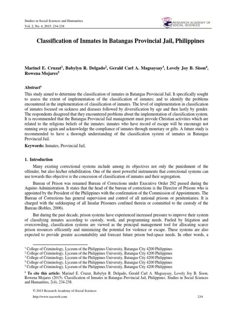 Sssh Classification Of Inmates In Batangas Provincial Jail Philippines