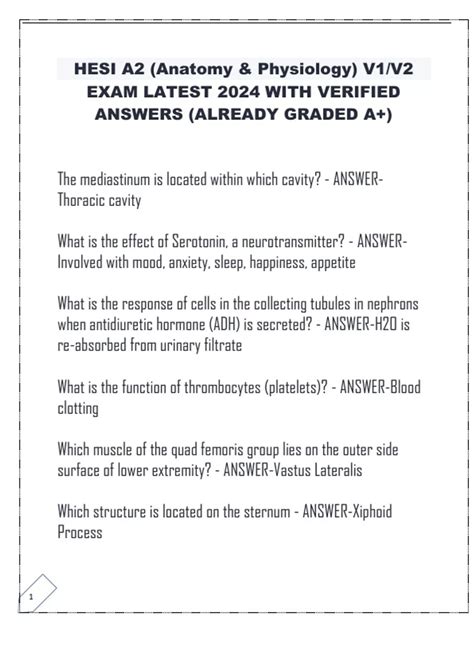Hesi A2 Anatomy And Physiology V1v2 Exam Latest 2024 With Verified