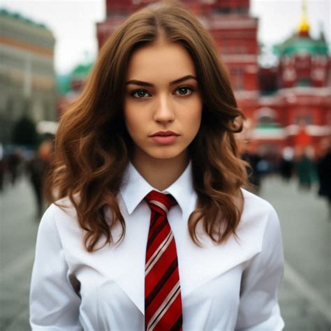«Девушка шатенка в белой блузке и в красном коротком галстуке голубой