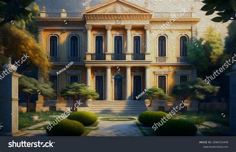 Oil Paintingbeautiful Old Neoclassic Building Garden Stock Illustration
