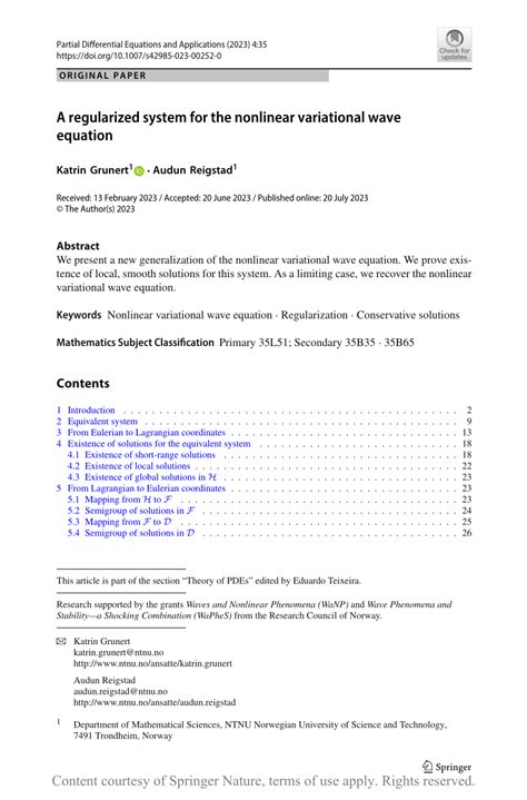 Pdf A Regularized System For The Nonlinear Variational Wave Equation
