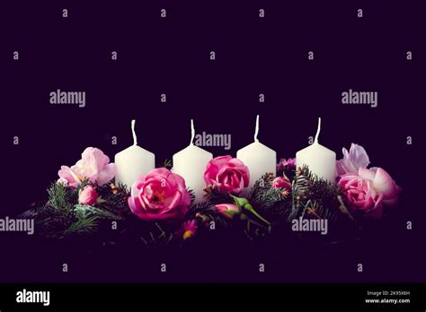 Advent Candles Prepared On Decorated Rose Flower Pink Advent Wreath No