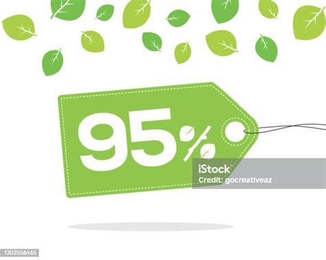 잎과 스틱 분기 아이콘으로 디자인 된 95 의 텍스트와 잎흰색 배경에 그림자스티치와 녹색 가격 태그 라벨 봄 과 여름 판매 캠페인에 대 한 가격에 대한 스톡 벡터 아트 및