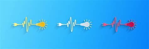 파란색 배경에 격리된 와이어 플러그와 전구 아이콘을 자른 용지 하트 비트의 형태로 플러그 램프 및 코드를 연결합니다 전기 및 조명의 개념 종이 아트 스타일 벡터 0명에 대한