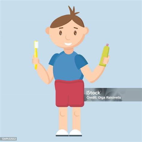칫솔과 치약을 들고 있는 소년 건강한 습관에 대한 플랫 스타일 일러스트 어린이를위한 아침 절차 벡터 일러스트 건강관리와 의술에