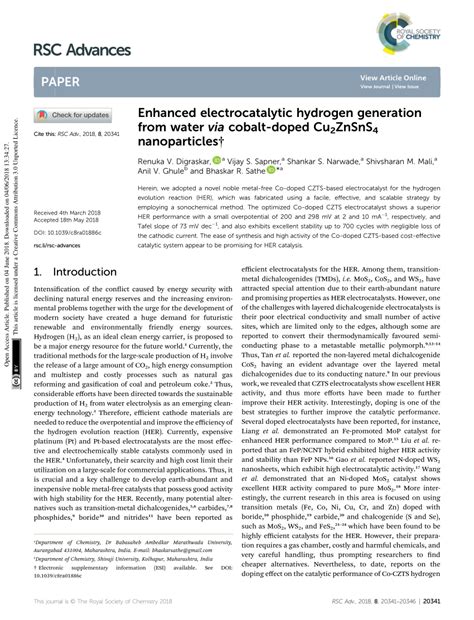 Pdf Enhanced Electrocatalytic Hydrogen Generation From Water Via Cobalt Doped Cu2znsns4