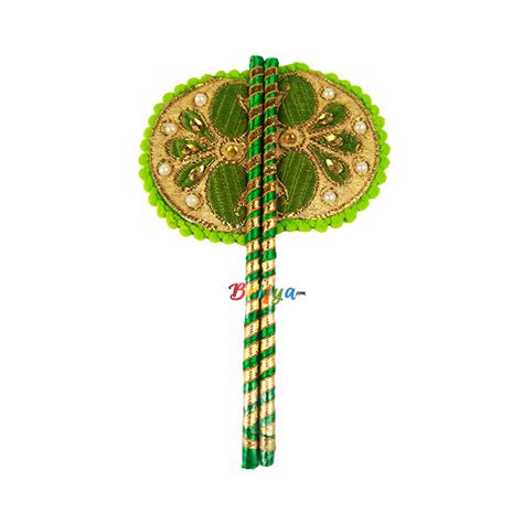 A Pair Of Parrot Green Embroidery Hand Pankha For God Brijya