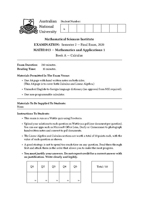 MATH S Final Calculus Australian National University Student Number U Mathematical