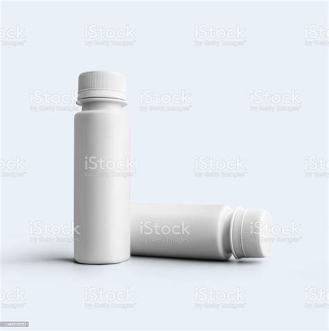3d 렌더링 빈 흰색 화장품 파우더 병에는 회색 배경에 분리된 플라스틱 캡이 있습니다 목업 디자인에 적합합니다 공란에 대한 스톡
