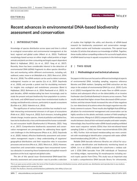Pdf Recent Advances In Environmental Dna‐based Biodiversity Assessment And Conservation