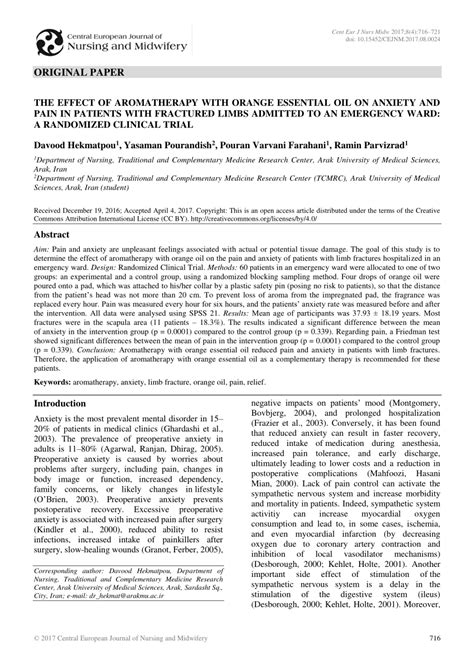 Pdf The Effect Of Aromatherapy With Orange Essential Oil On Anxiety