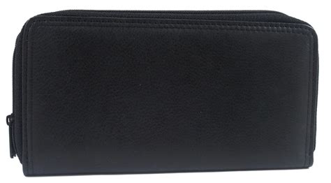 Rolfs Women Black Genuine Leather Double Zip Around Clutch Organizer