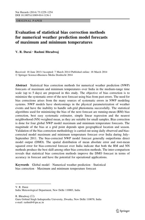 Pdf Evaluation Of Statistical Bias Correction Methods For Numerical Weather Prediction Model