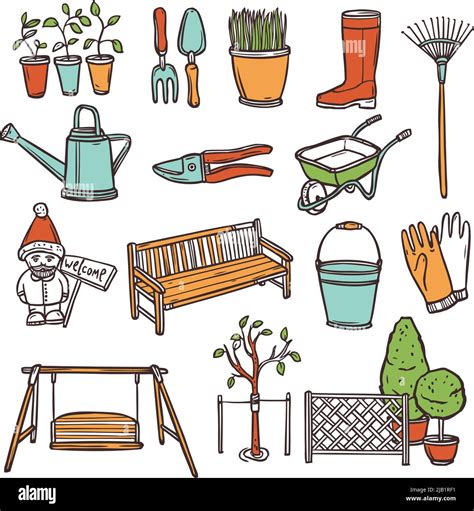Gardening Tools Decorative Icons Set With Hand Drawn Farming Equipment