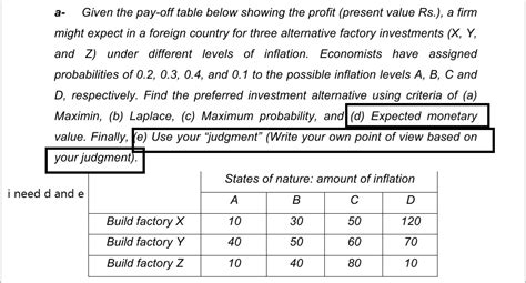 A Given The Pay Off Table Below Showing The Profit Presentask 7