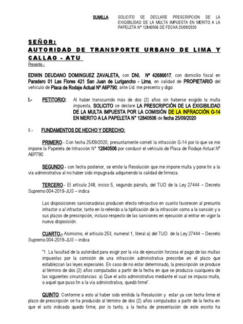 Solicitud De Declaración De Prescripción De La Exigibilidad De Una