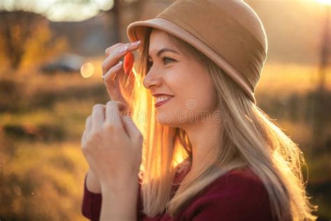 Cute Girl In Red Dress With Old Fashion Hat Retro Vibes In A Fall Scene