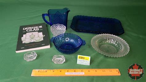 Glassware Grouping Clear And Cobalt Blue Depression Pitcher Service Tray Candy Dish Depression