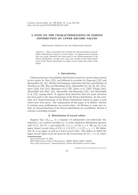 Pdf A Note On The Characterizations Of Pareto Distribution By Upper