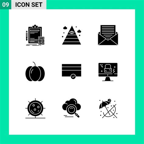 Set Of 9 Vector Solid Glyphs On Grid For Vegetables Halloween Triangle Food Envelope Editable