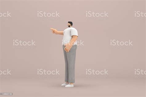 회색 코듀로이 바지와 화이트 칼라 티셔츠를 입은 수염을 가진 남자 그는 말할 때 손의 표현입니다 연기에서 만화 캐릭터의 3d