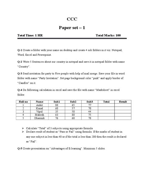 Ccc Paper Set 1 Total Time 1 Hr Total Marks 100 Pdf