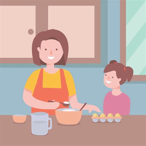 어머니와 딸이 함께 그림 요리 프리미엄 벡터