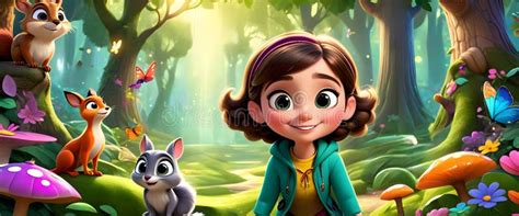 Cute Teen Girl Cartoon Smiles Brightly As She Explores A Magical Forest
