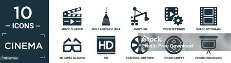 채워진 시네마 아이콘 세트입니다 플랫 영화 클래퍼 토리노의 두더지 안토넬리아나 지미 지브 비디오 설정 이미지 사진 3d 종이 안경 Hd 필름 롤 측면도 라운드 카펫 영화용