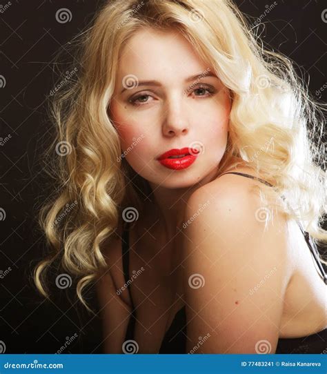 Blond Woman With Curly Hair In Black Lingerie Stock Image Image Of