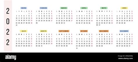 Spanish Horizontal Calendar 2022 Year Vector Stationery Calendar Week
