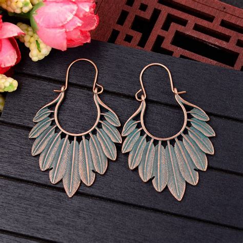 Estilo Natural Étnico Grande Folha Balançar Brincos Feminino Verdigris Tribo Cigano Verão
