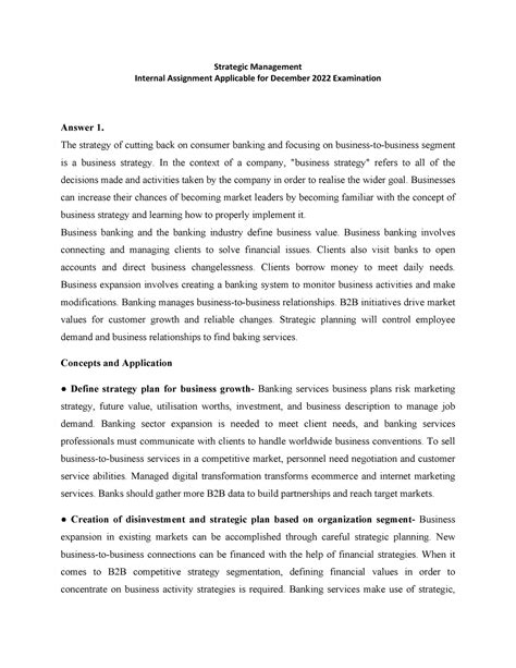 Strategic Management Assignment Strategic Management Internal Assignment Applicable For