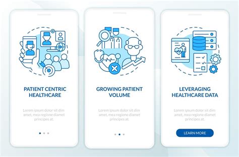 Challenges For Healthcare Workers Blue Onboarding Mobile App Screen Walkthrough 3 Steps Graphic