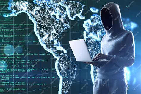 premium photo hacker holding laptop and glowing world map
