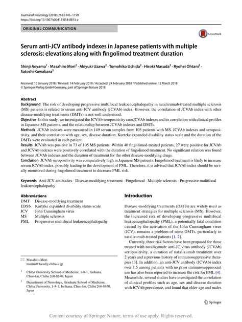 Serum Anti Jcv Antibody Indexes In Japanese Patients With Multiple