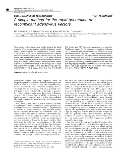 Pdf A Simple Method For The Rapid Generation Of Recombinant
