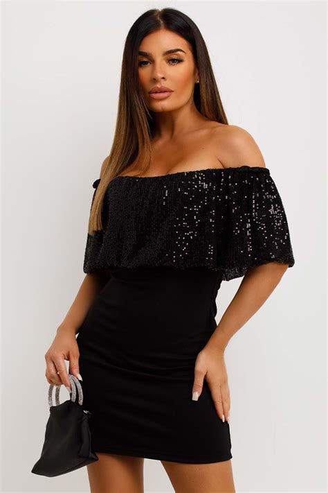 Black Sparkly Sequin Bardot Bodycon Dress Going Out Party Outfit