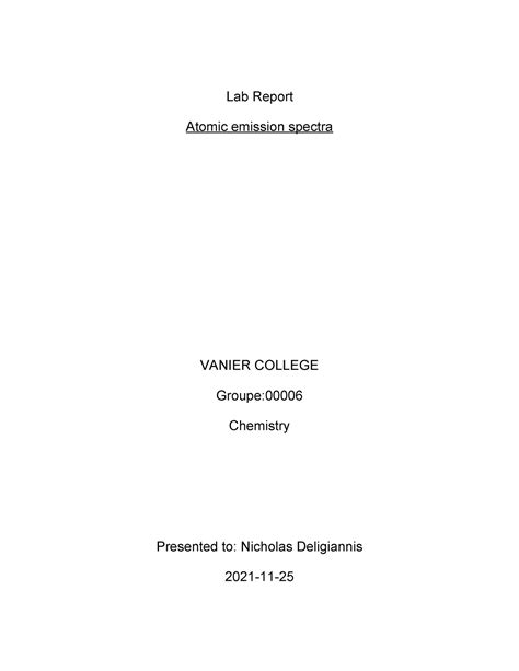 Lab Repor 1 Atomic Spectrum Lab Report Atomic Emission Spectra Vanier