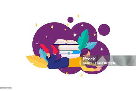 책 스택과 독서 소녀 꽃 요소와 플랫 디자인 일러스트 책 읽기 개념 라이브러리 개념입니다 교육 개념 해피 북데이 벡터