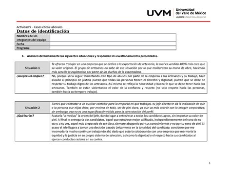 Actividad 9 Etica Actualizada Actividad 9 Casos éticos Laborales