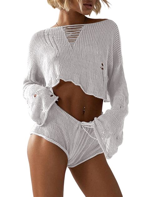 AmShibel Women S Swimsuit Cover Up 2 Piece Knit Outfits Solid Color