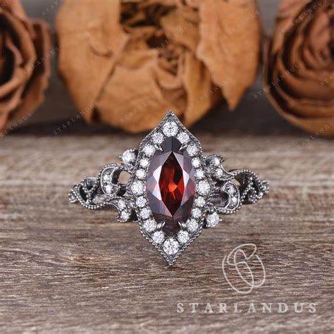Gothic Marquise Cut Garnet Black Gold Engagement Ring Vintage Wedding